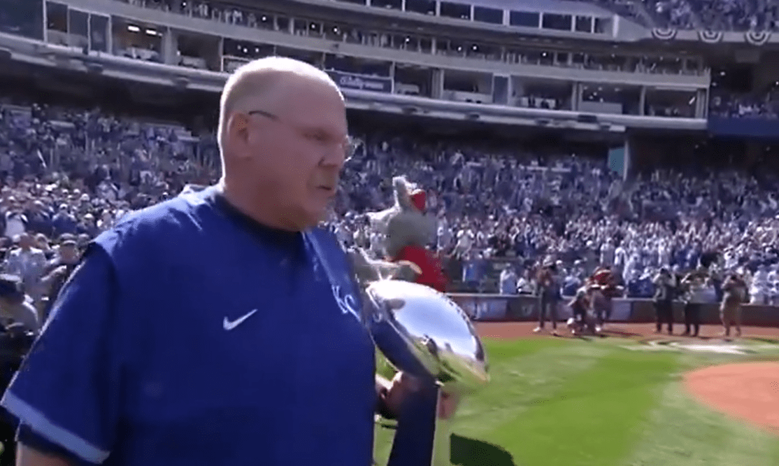 Andy Reid Double Fists Super Bowl Trophy & Royals’ First Pitch Baseball ...